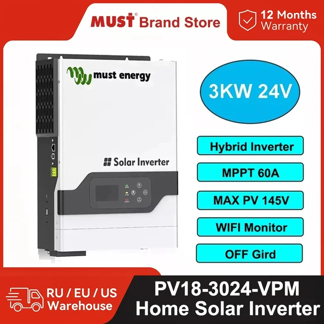 MUST Energy 3KW 220V 24V Home Hybrid Solar Inverter Built In MPPT 60A ...