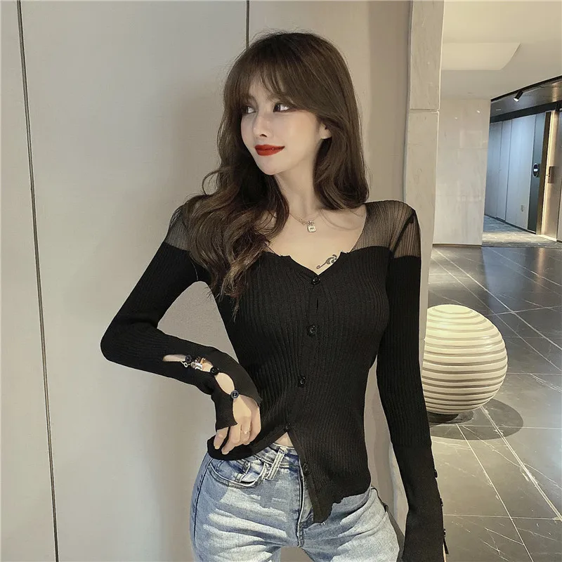 Sexy-Deep-V-Mesh-Knitted-Patchwork-Tops-Women-Long-sleeved-Solid-Slim ...