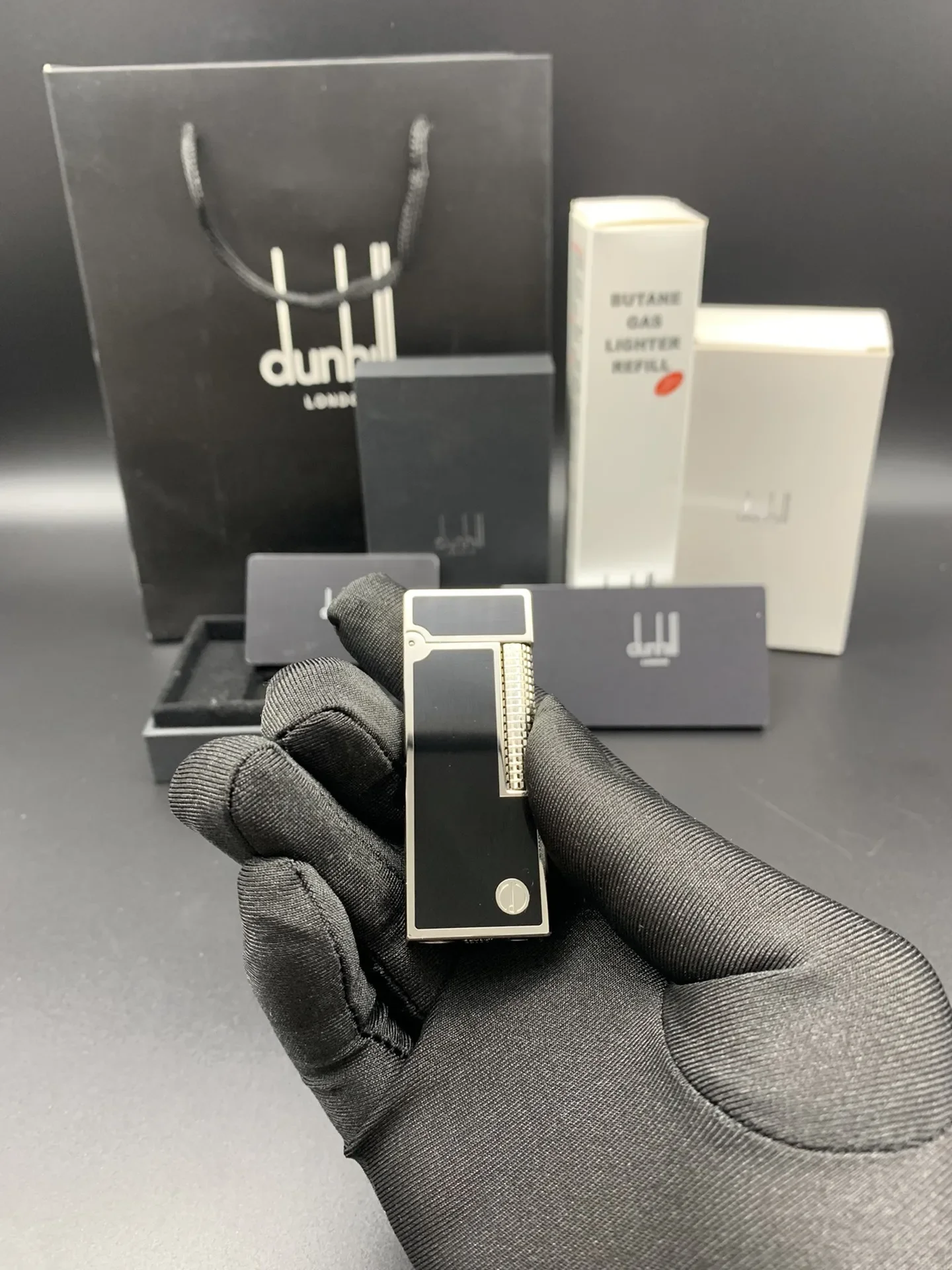 Dunhi-Luxury-Gas-Lighter-Black-Silver-Chinese-Lacquer-Pattern-Metal ...