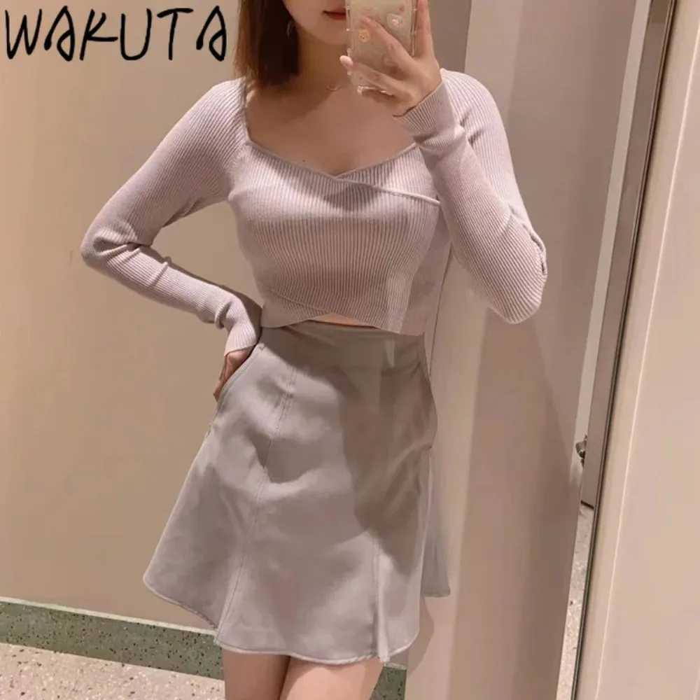 Wakuta-Cross-V-Neck-Long-Sleeve-Jumpers-Fashion-Solid-All-match-Cropped ...
