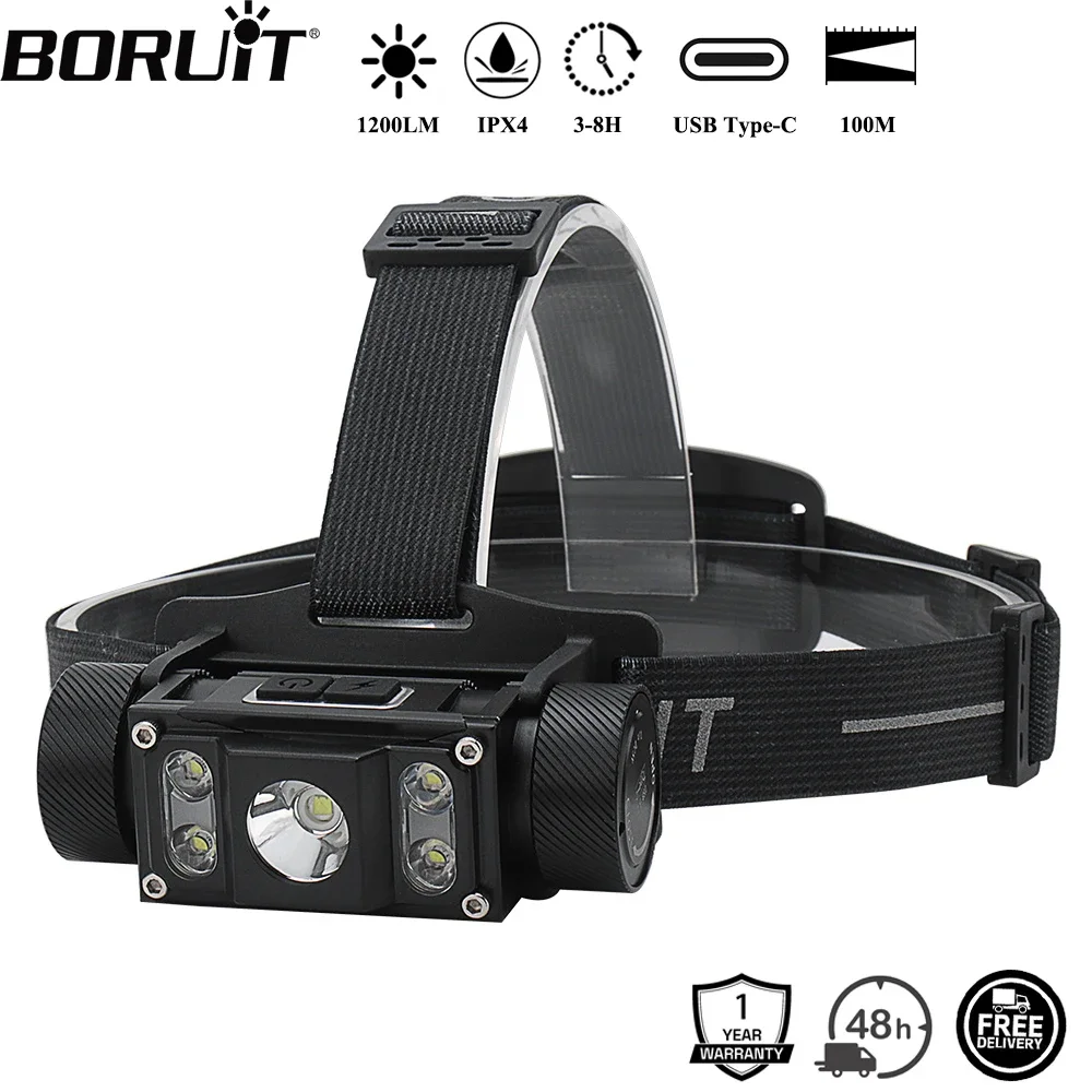 BORUiT B50 1200LM LED Headlamp Powerful TYPE-C Rechargeable 21700 ...
