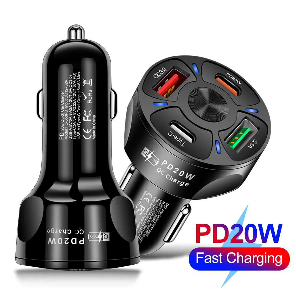 Cargador de coche Dual USB C PD 20W, carga rápida PD 3,0, adaptador de teléfono para coche para ...