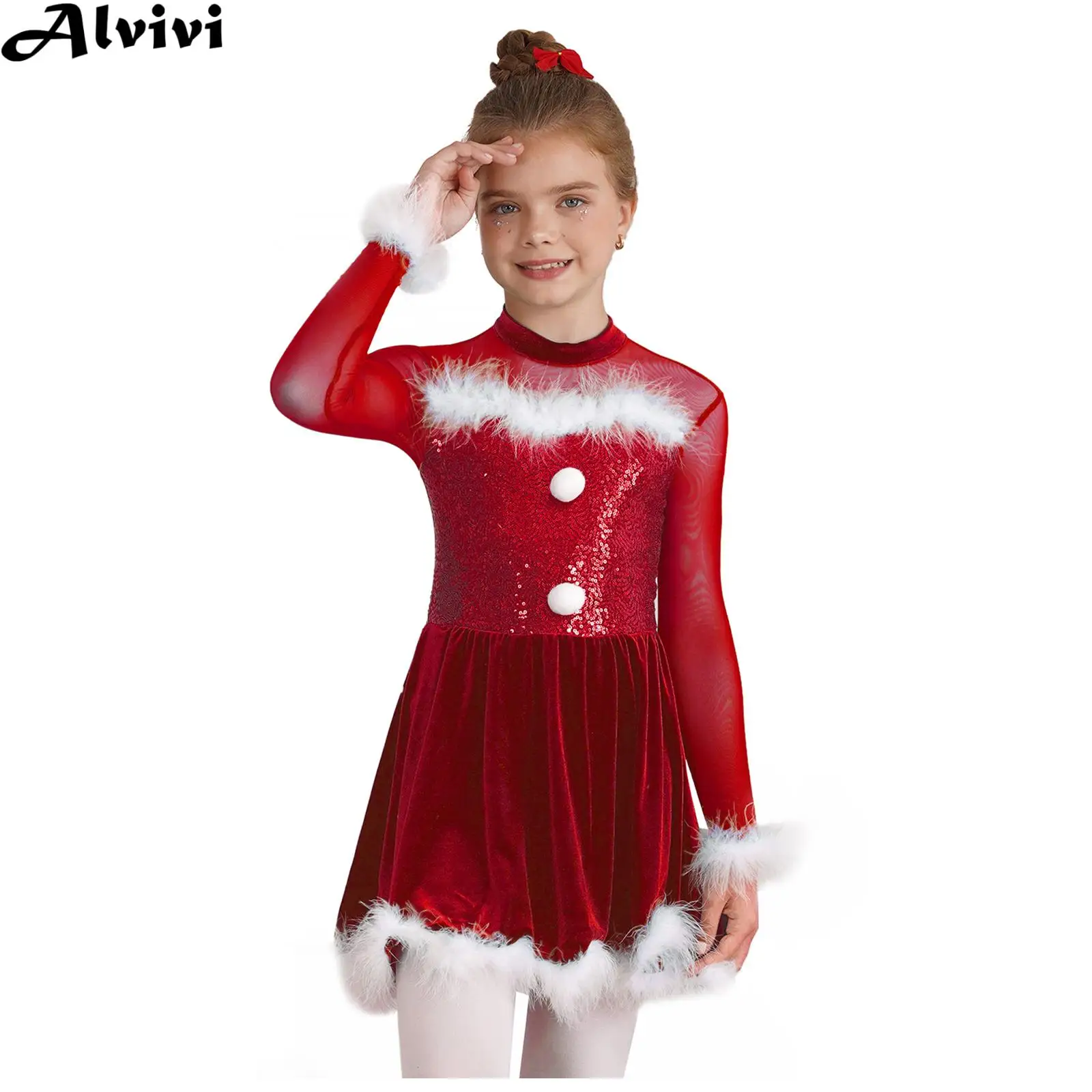 Kids-Girl-Christmas-Party-Dance-Dress-Long-Sleeve-Sequin-Feather-Mesh ...