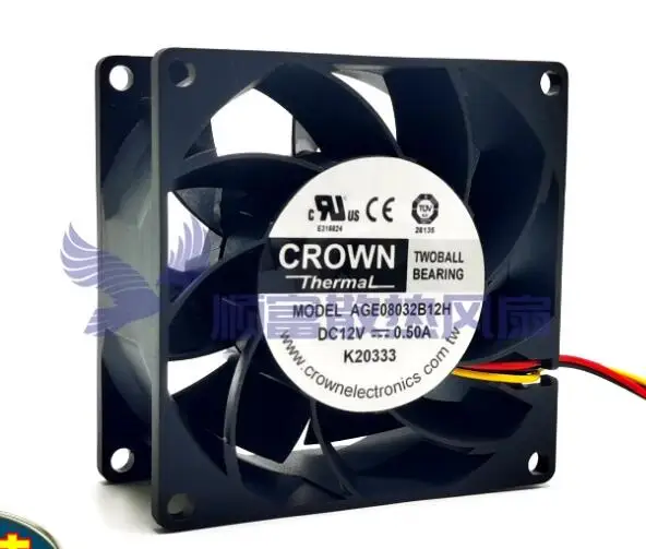 CROWN AGE08032B12H DC 12V 0.50A 80x80x38mm 4-Wire Server Cooling Fan ...
