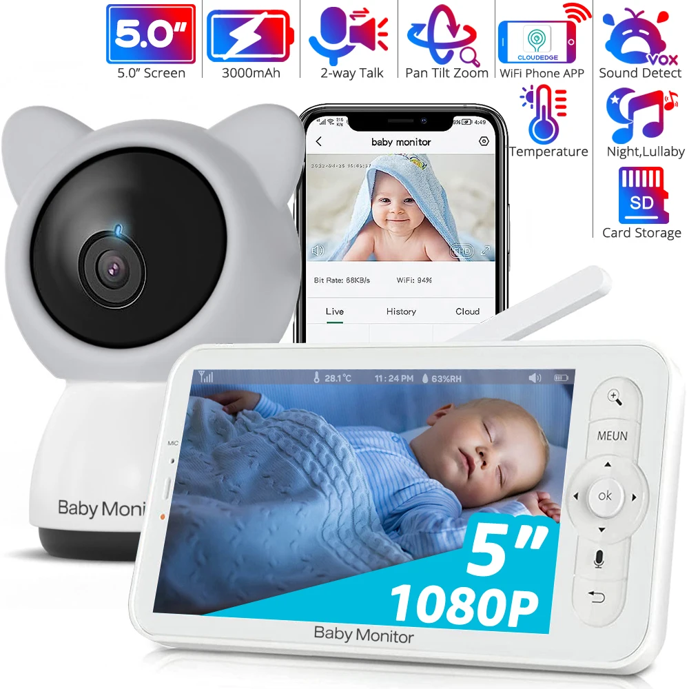 HD WiFi Baby Monitor with APP,5-inch 720P Display,Pan Tilt Zoom 1080P ...