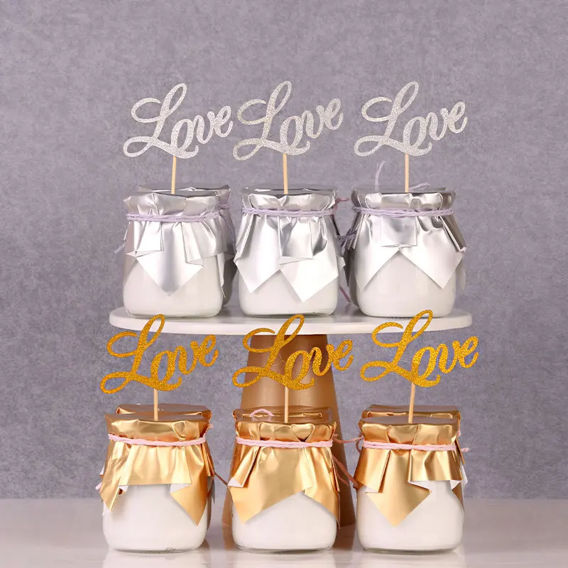 20-40pcs-Glitter-Love-Cake-Toppers-Silver-Golden-Love-Pattern-Cupake ...