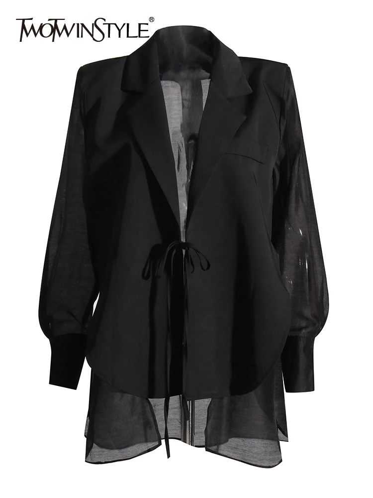 TWOTWINSTYLE-Lace-Up-Blazer-For-Women-Notched-Collar-Long-Sleeve ...