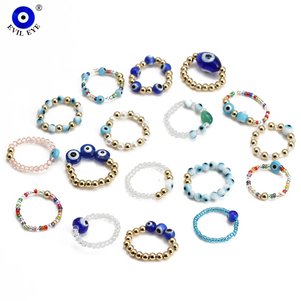 EVIL-EYE-Multi-Color-Crystal-Seed-Bead-Ring-Adjustable-Turkish-Evil-Eye ...
