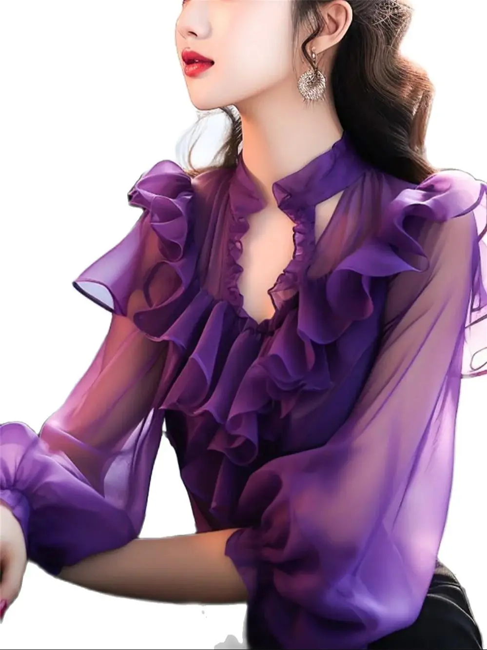 2024 Ruffles 3/4 Sleeves Oversize Chiffon Shirts Tops Fashion Women's ...