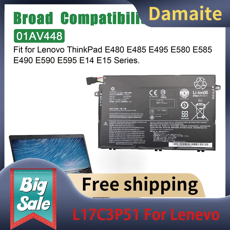 Damaite 45.5Wh E480 L17C3P51 Laptop Battery For Lenovo ThinkPad E485 ...