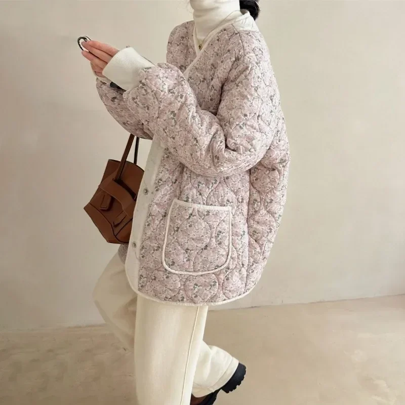 French-Printed-Flower-Quilted-Cotton-Coat-Women-Korean-Long-Sleeve ...
