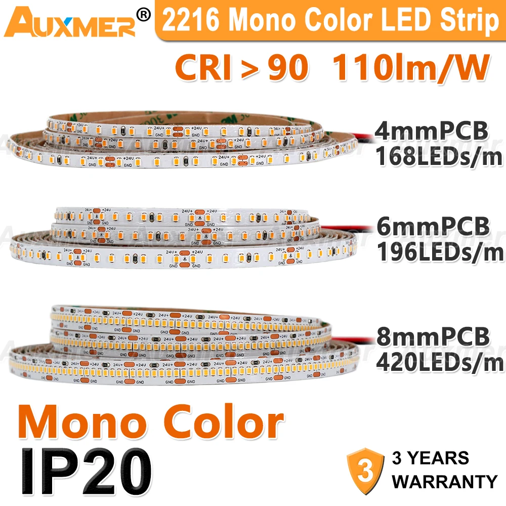 2216 LED Strip Lights,4mm 6mm 8mm PCB,High Density,IP20,110lm/W,5m/reel ...