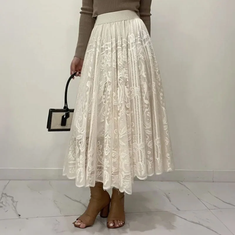 Saia-feminina-de-renda-pura-Crochet-saia-de-tule-Midi-saia-de-malha-a ...