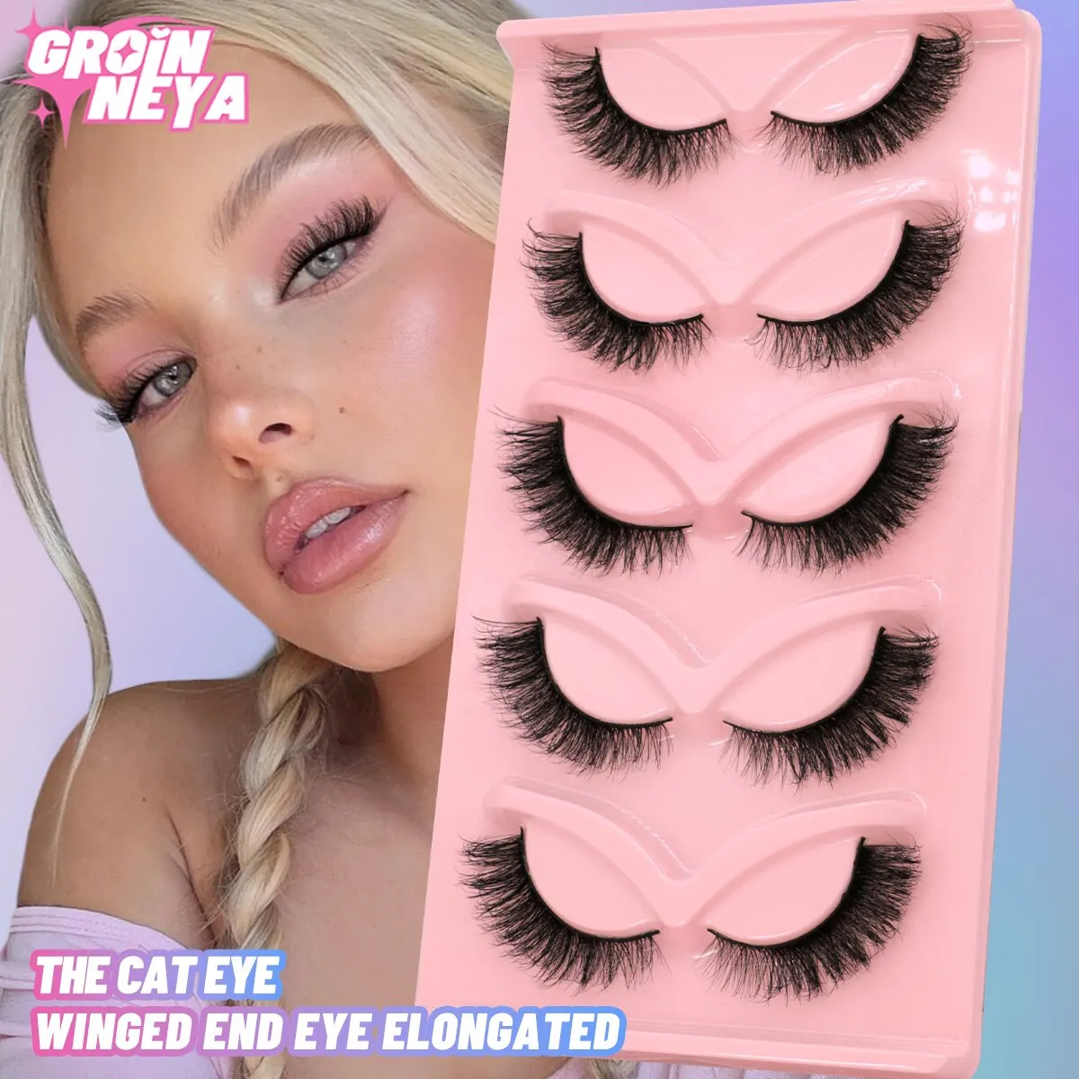 GROINNEYA Cat Eye Lashes 5 Pairs Winged Wispy Natural False Eyelashes ...