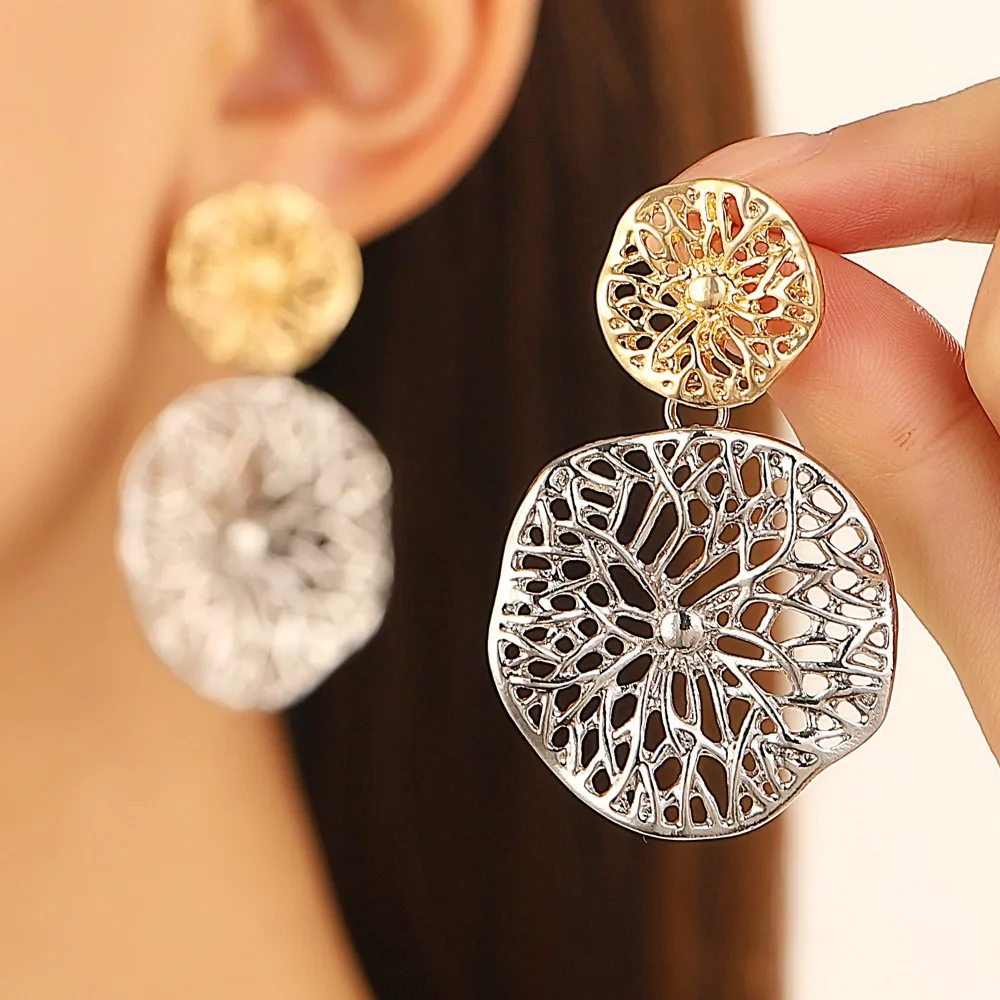 2024-Hollow-Gold-Silver-Color-Double-Round-Flowers-Dangle-Earrings-for ...