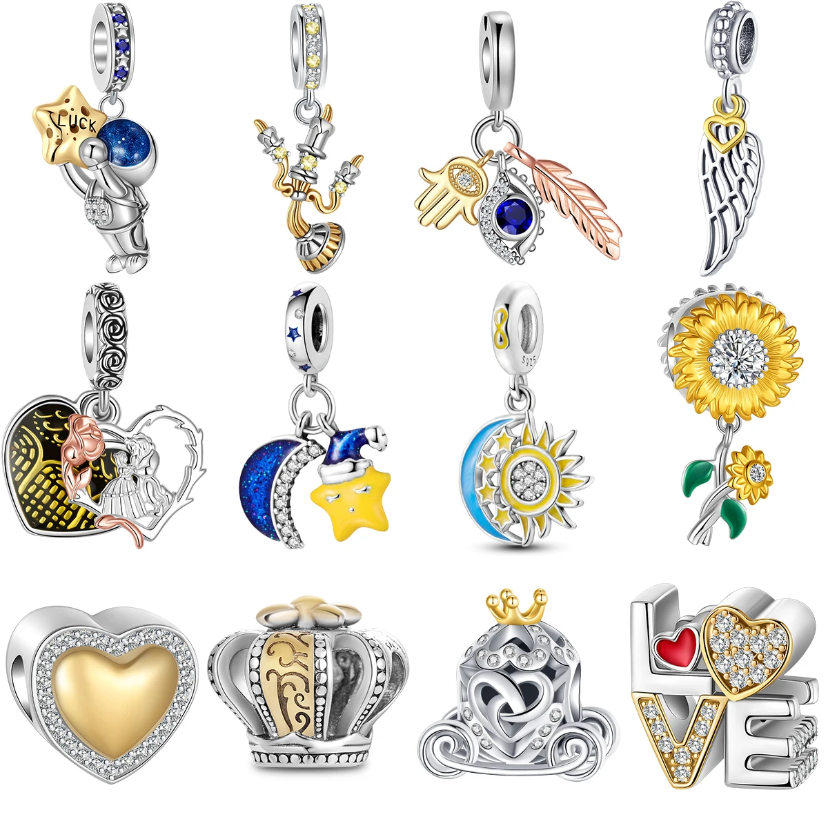 925-Sterling-Silver-Astronaut-Feather-Love-Sunflower-Gold-Series-Charm ...