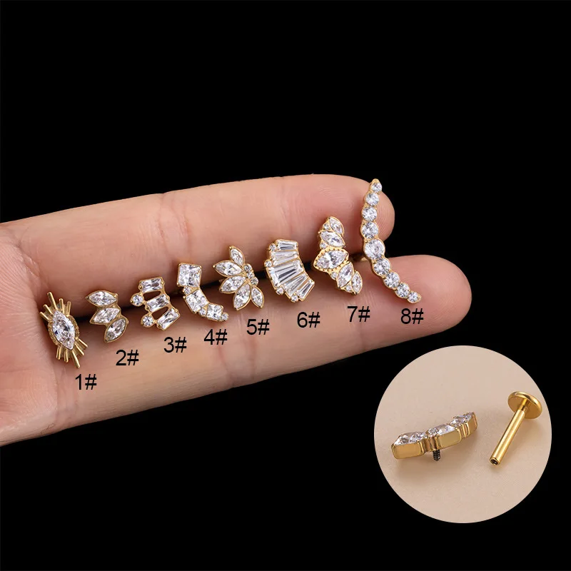 G23 Titanium Piercing Labret Studs Horse's Eye Crown Zircon Internal ...
