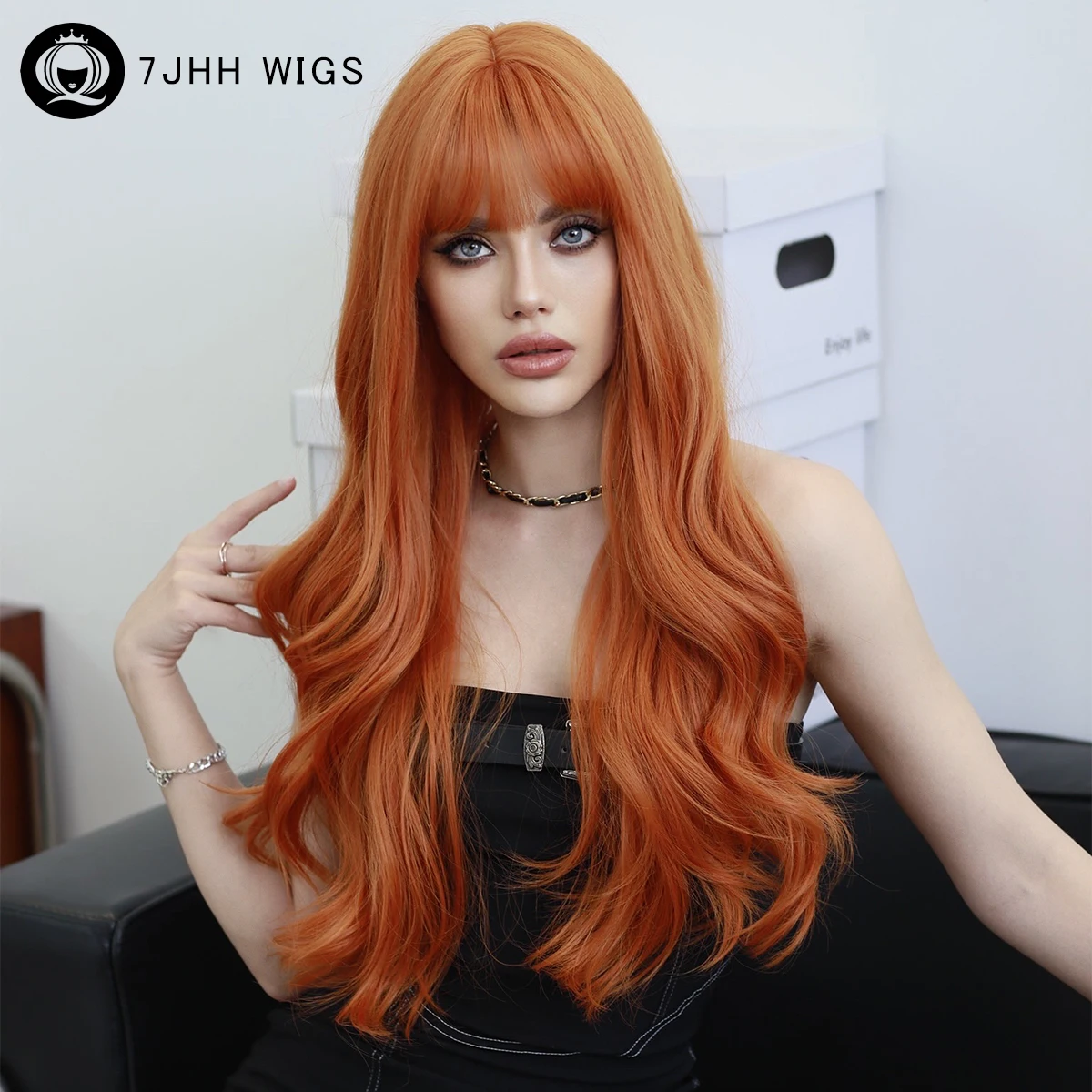 Long Wavy Orange Wig for Women Daily Party High Density Synthetic Loose ...