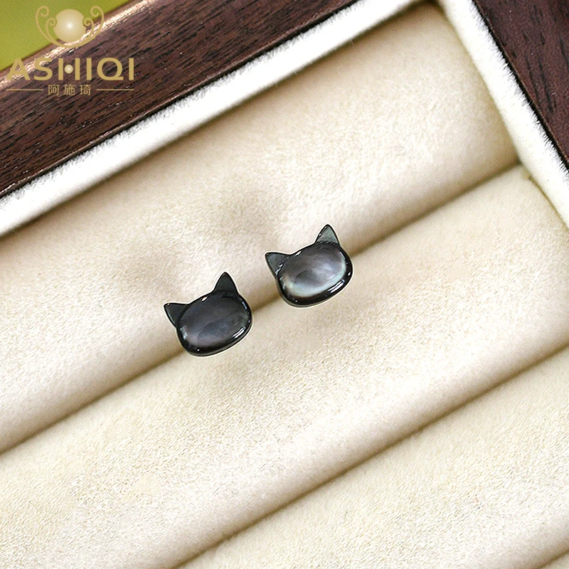 ASHIQI-925-Sterling-Silver-Natural-Shell-Black-Cat-Earring-for-Women ...