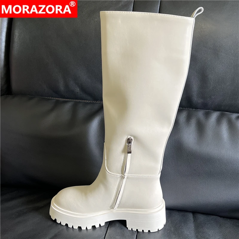 MORAZORA Plus Size 34 43 New Full Cow Leather Women Boots Slip On Chunky Platform Knee High ...
