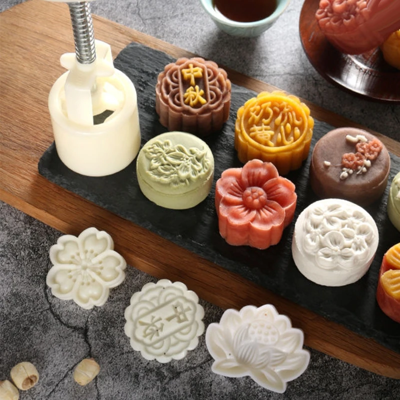 Round Chinese Styles Mooncake Mold Set 50g Mid Autumn Festival DIY Hand ...