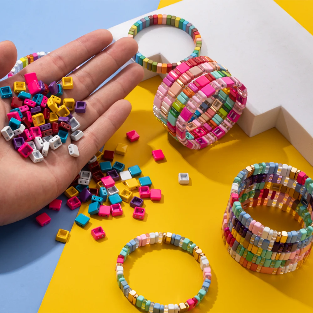 10pcs 8*8mm Square Shape Enamel Beads Boho Rainbow Colorful Elastic ...