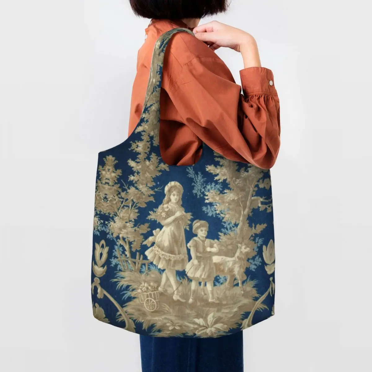 Reusable-French-Toile-De-Jouy-Motif-Pattern-Shopping-Bag-Women-Shoulder ...