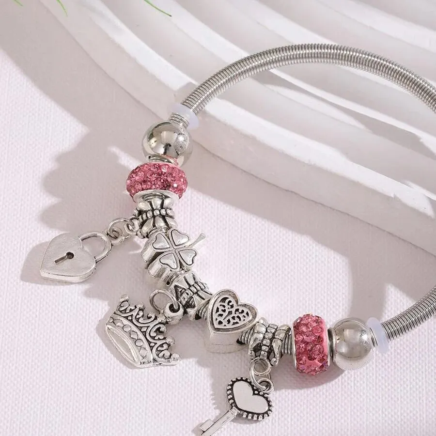 Obega-Key-Lock-Crown-Charm-Bracelet-Pink-Glass-Beads-Elephant-Bear ...