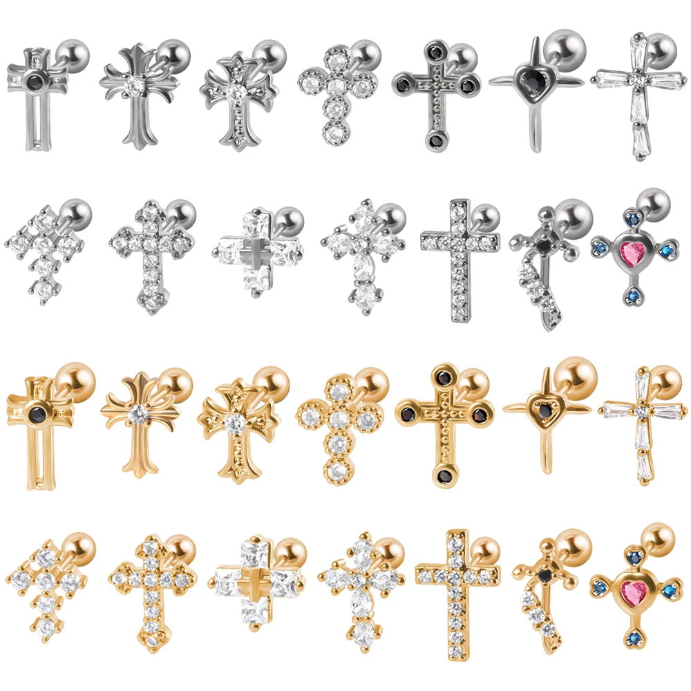 2PCS Cross Stud Earrings for Women Girls Men Labret Crystal CZ Helix ...