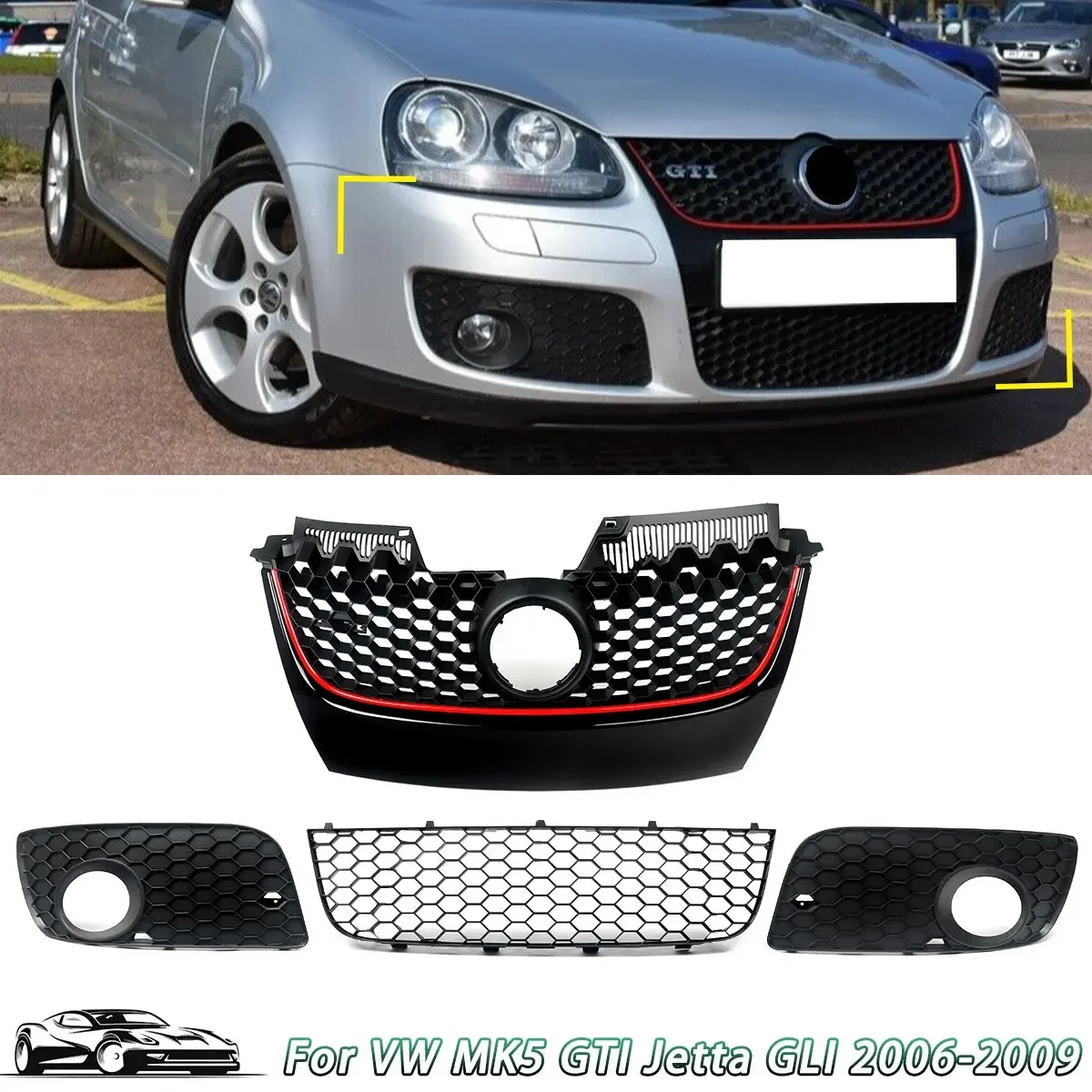 Set-of-3-For-06-09-VW-MK5-Jetta-GLI-GTI-Front-Bumper-Grille-Honeycomb ...