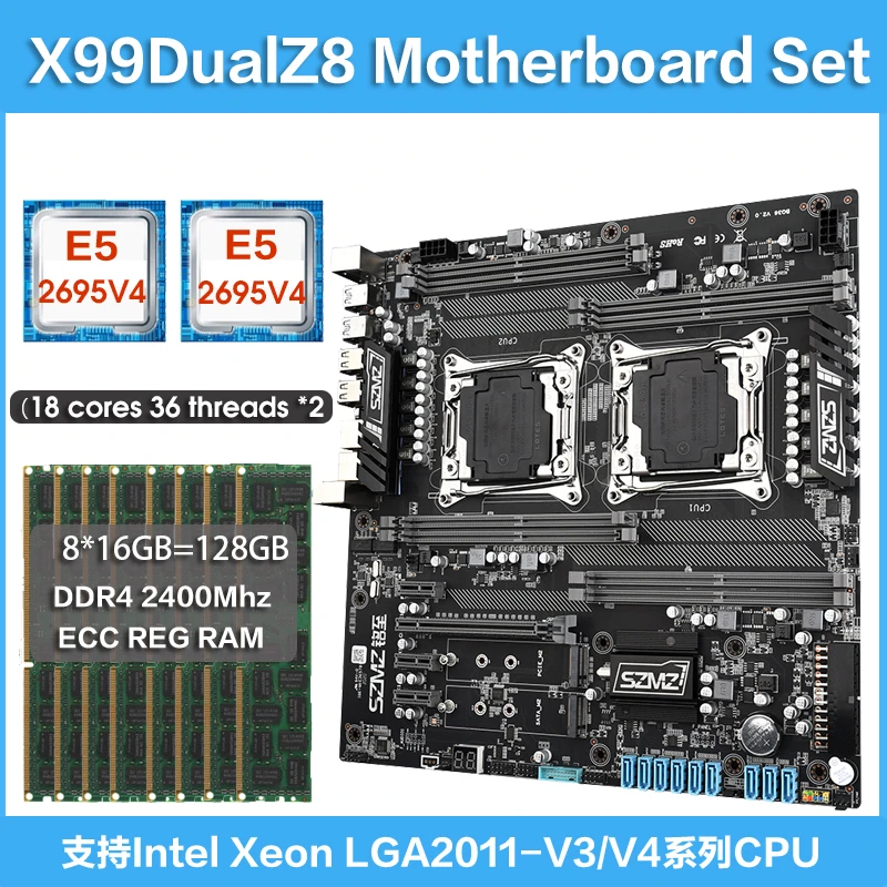 X99 Dual Z8 motherboard KIT With 2pcs XEON E5 2695 V4 Processor and 8 ...