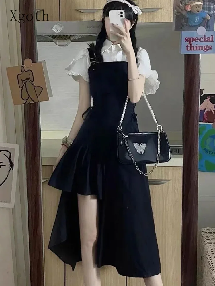 Xgoth-Fino-feminino-com-babados-irregular-Suspender-Skirt-Suit-Streetwear-suave-vestido-de ...