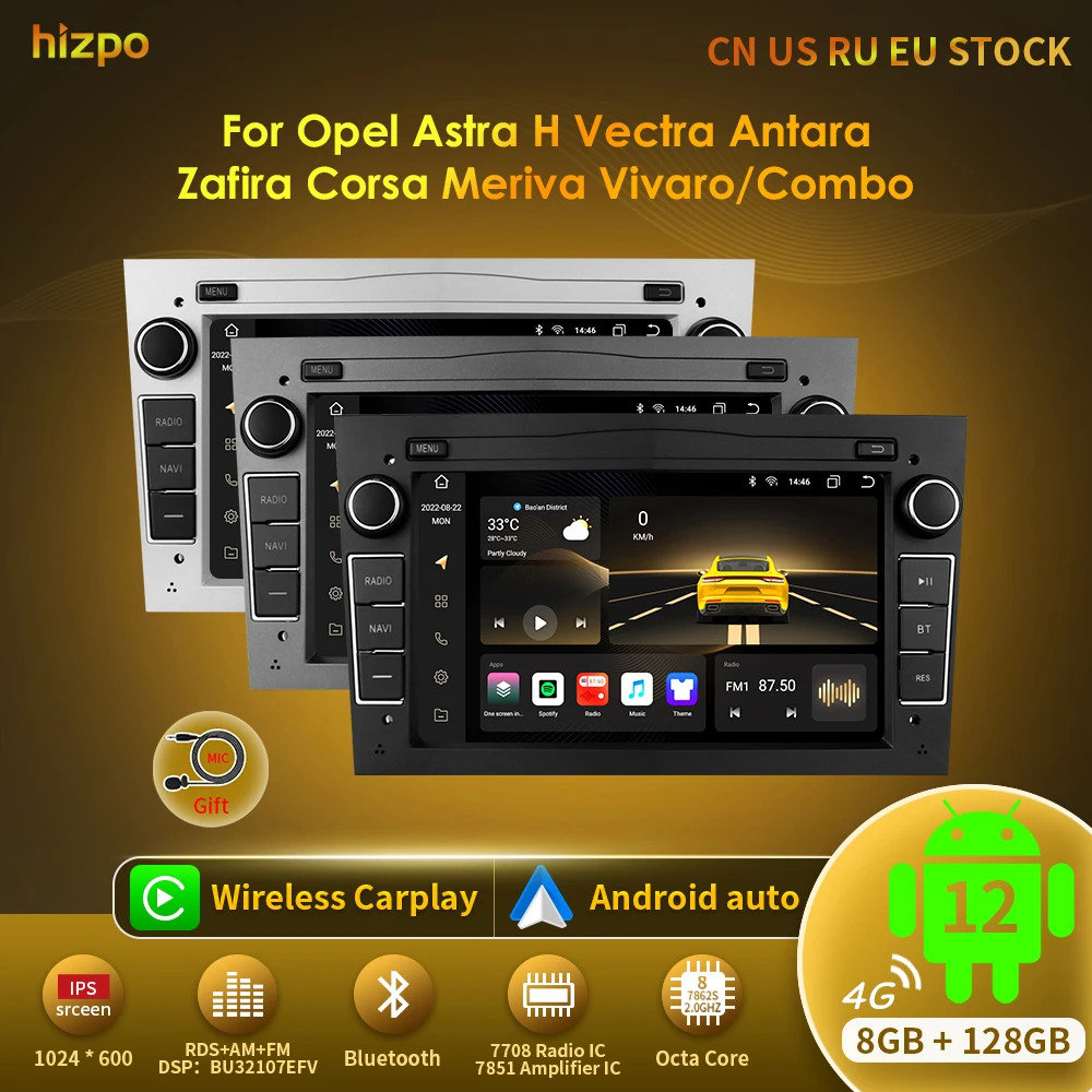 Hizpo Radio Multimedia con GPS para coche, reproductor con Android 12, 2Din, para Opel Astra H J ...