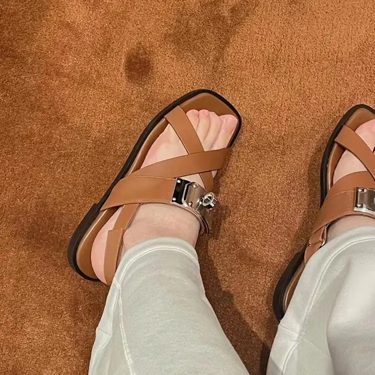 Open-Toe-Lock-Decor-Flat-Sandals-Cross-Straps-Slip-On-Fashion-Women ...