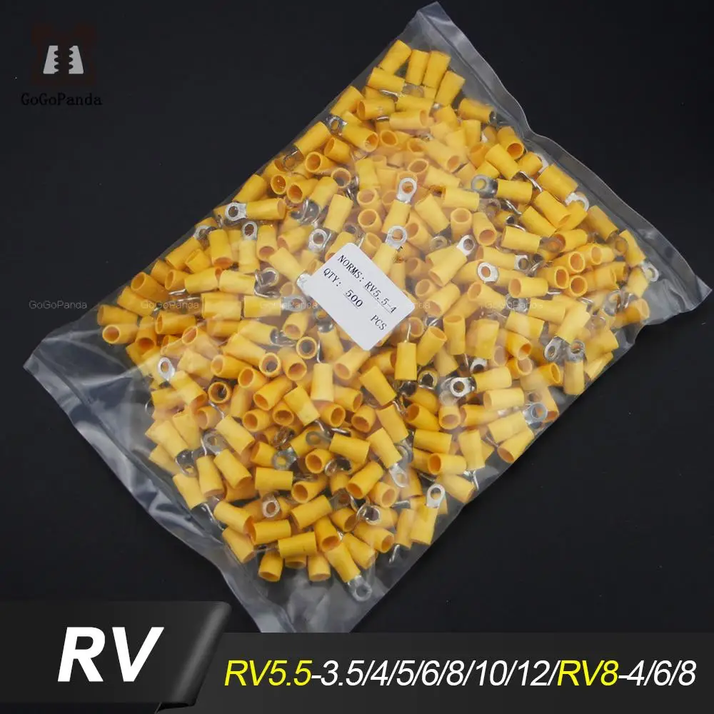 500PCS RV5.5-(4 5 6 8 10 12) Yellow Ring Insulated Terminal Cable Crimp ...