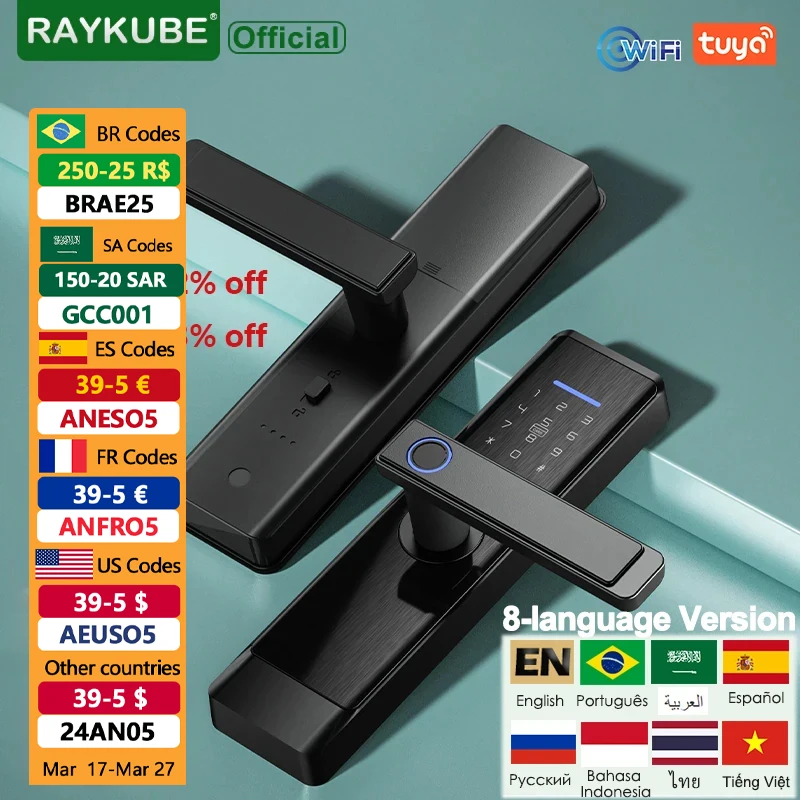 RAYKUBE-L1-Black-Smart-Door-Lock-Tuya-WiFi-Tuya-ZigBee-TT-Lock-APP ...
