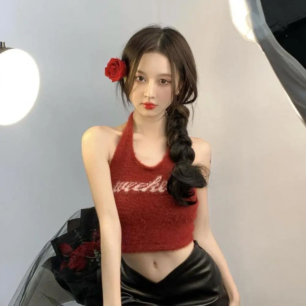 Plush-Halter-Neck-Crop-Top-Slim-Letter-Print-Halter-Neck-Pullover ...