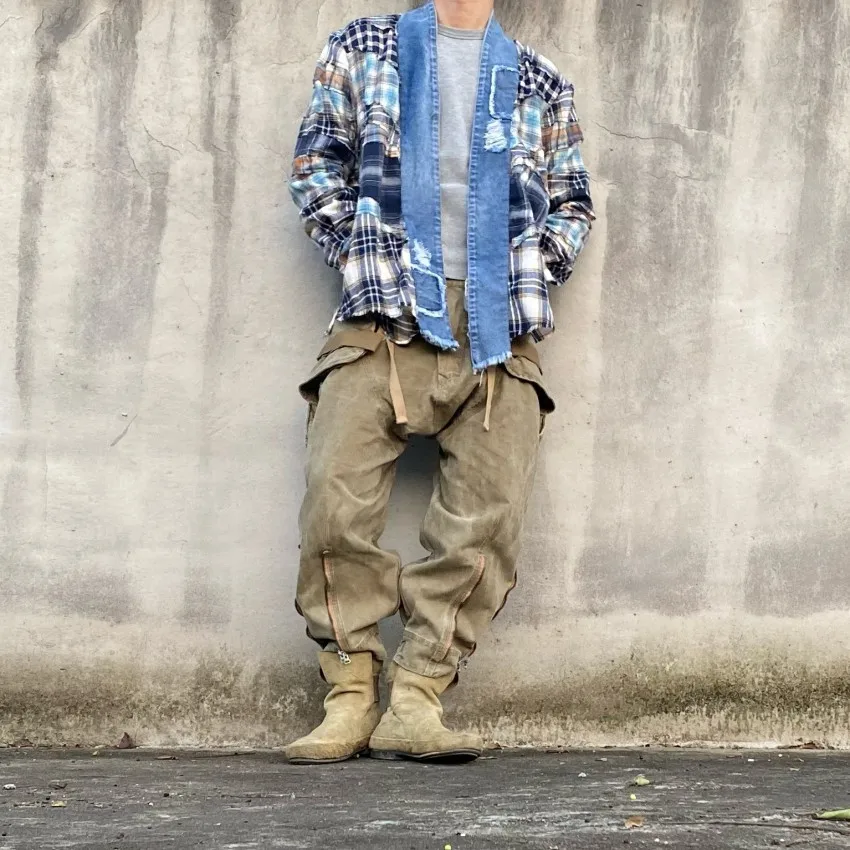 22aw-GL-Style-Patchwork-Patch-Design-Distressed-Stitching-Plaid-Retro ...