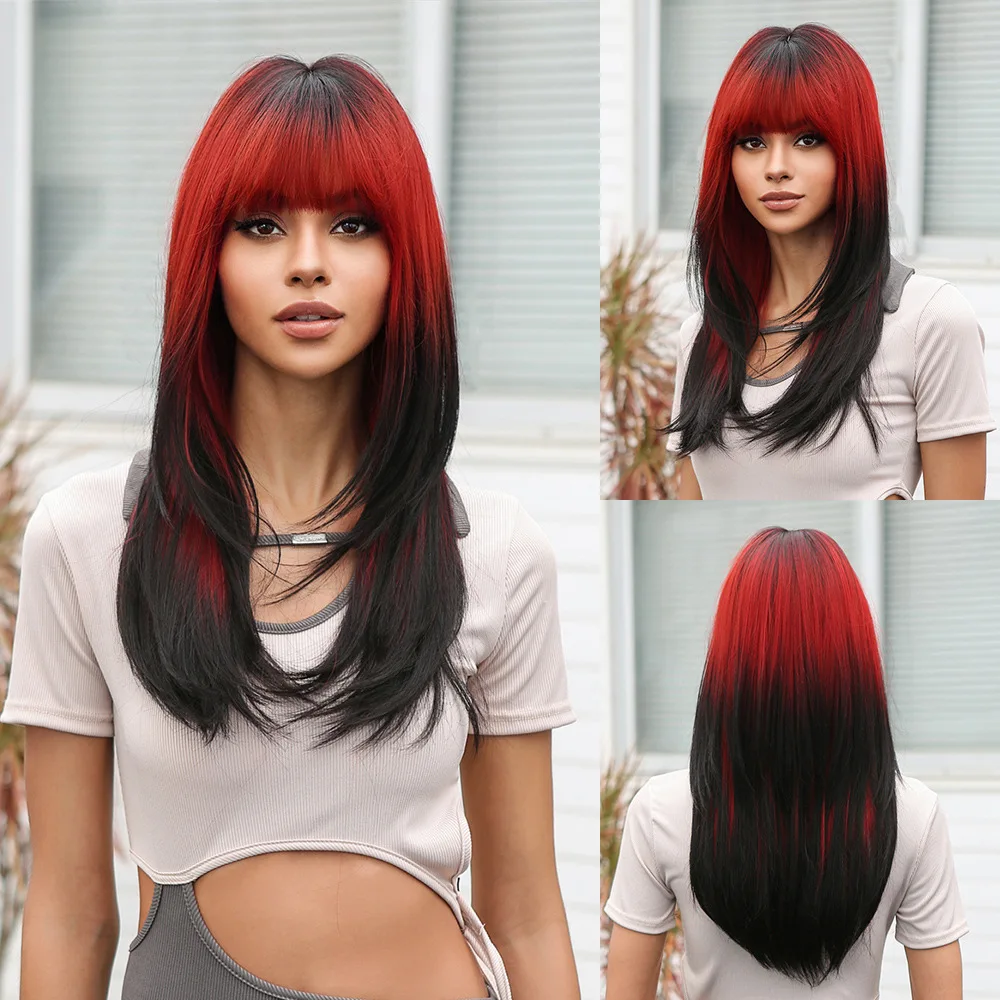 Ombre-Red-to-Black-Synthetic-Hair-Wigs-with-Bangs-Long-Layered-Straight ...