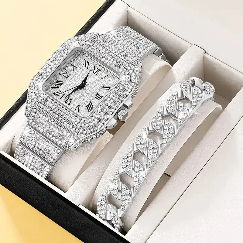 Fashion-2-pcs-Set-Hiphop-Women-Watch-Men-Iced-out-Cuban-Chain-Bracelet ...