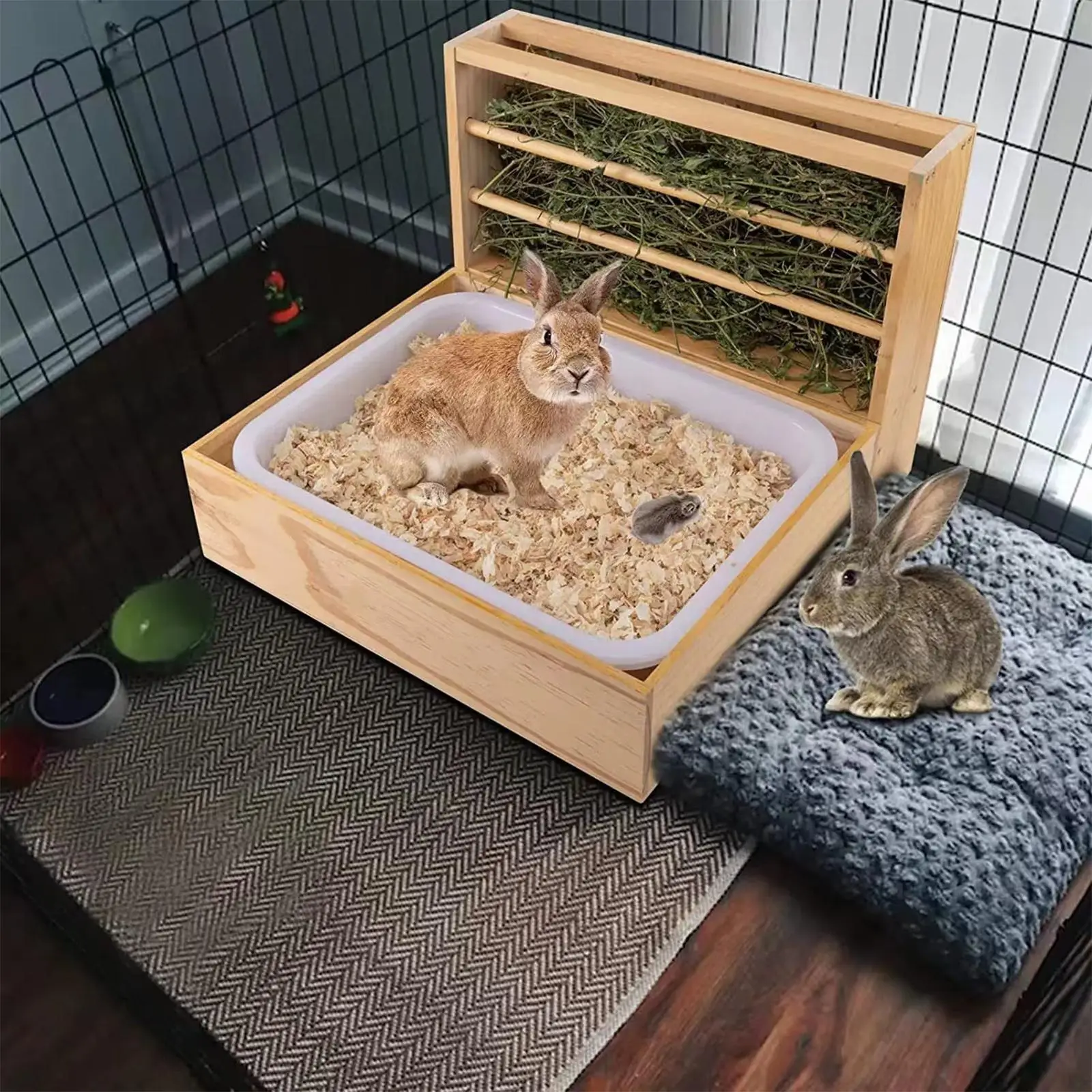 Hay-Holder-Feeding-Manger-Wooden-Rabbit-Hay-Feeder-with-Litter-Box ...
