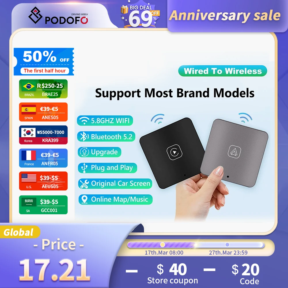 Podofo Wired to Wireless Carplay Ai Box for Universal Toyota Mazda ...