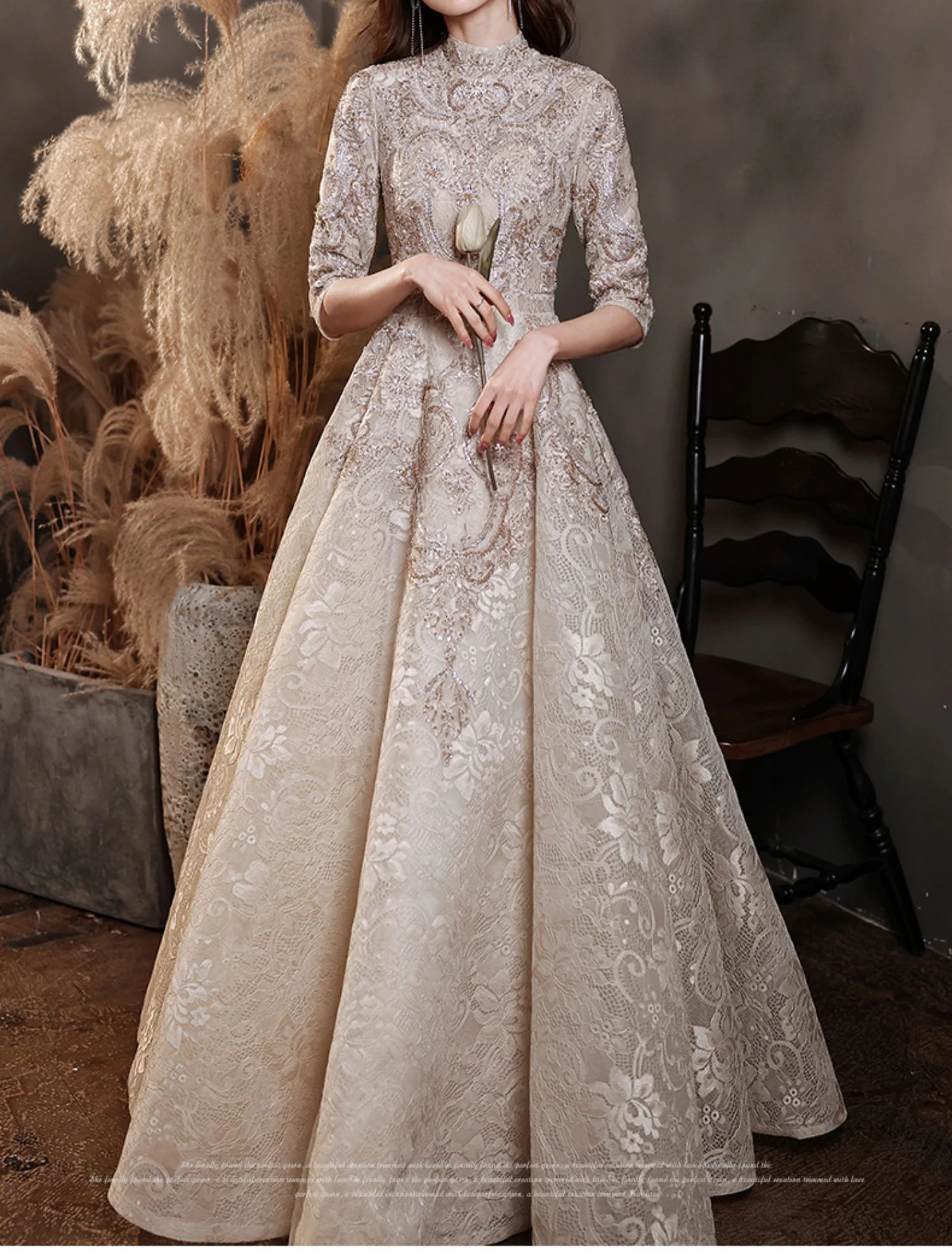 Luxury-Champagne-Prom-Dresses-Half-Sleeves-Lace-Beaded-Elegant-Formal ...