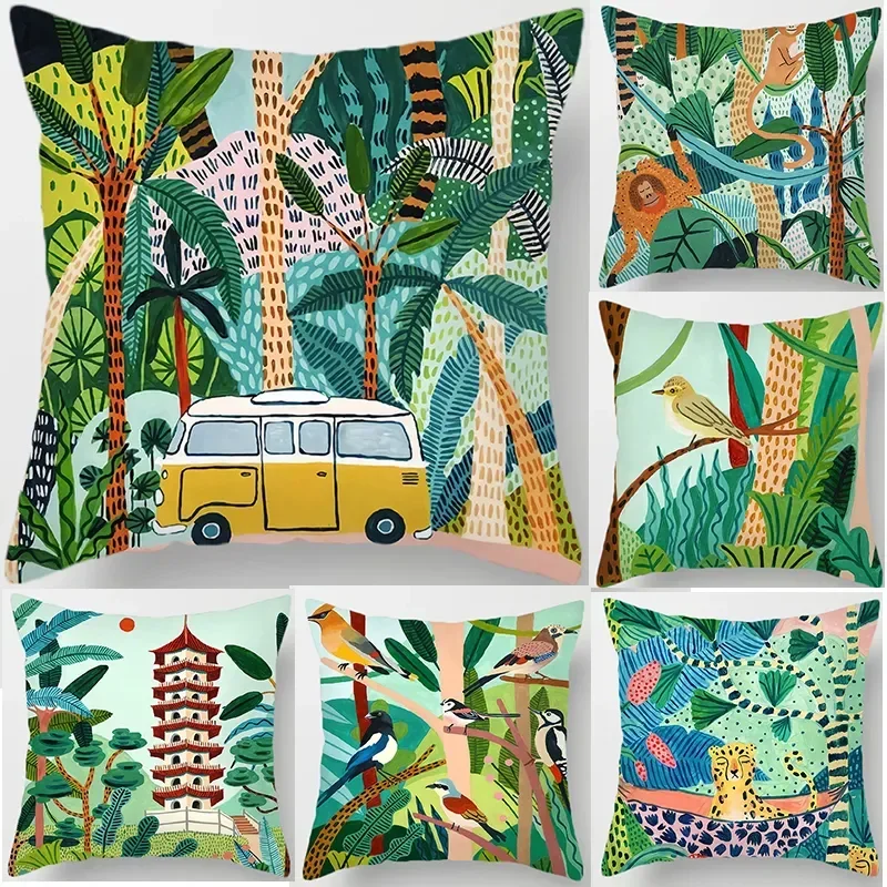 Cartoon-jungle-tree-tree-tree-animal-tower-leopard-monkey-fox ...