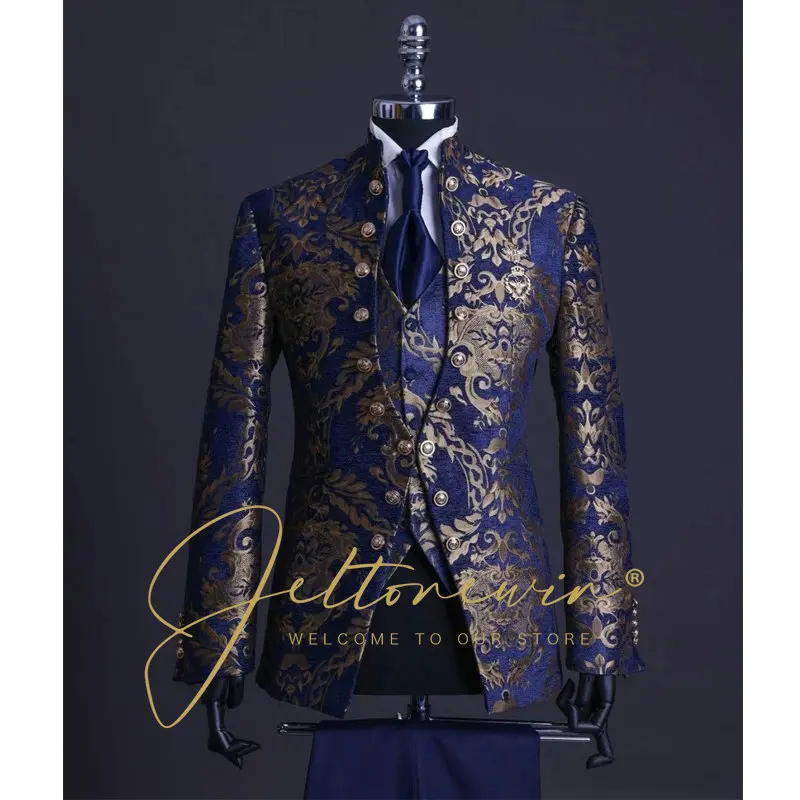 Men-Suits-Set-3-Pieces-Standard-Collar-Navy-Blue-Floral-Terno-Masculino ...