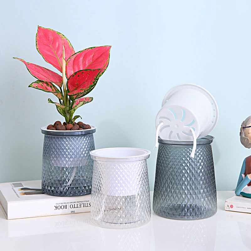 Double-layer Self Watering Plant Pot Transparent Plastic Flower Vase ...