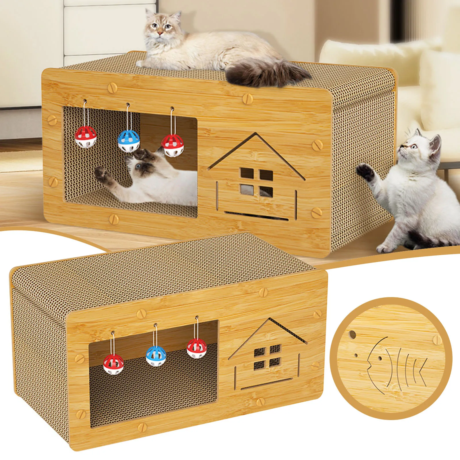 3-IN-1-Cat-House-Scratcher-with-3-Balls-Large-Cardboard-Cat-House-for ...