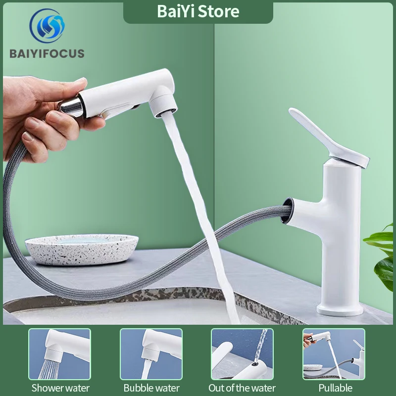 Bathroom-faucet-pull-out-all-copper-white-hot-and-cold-water-faucet ...