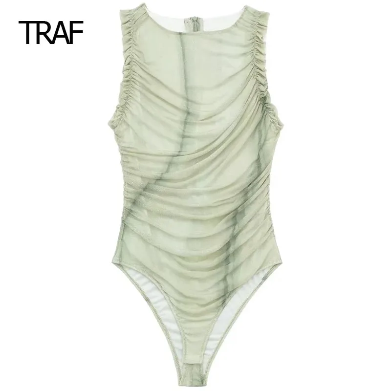 TRAF-body-de-malla-con-volantes-para-mujer-monos-sin-mangas-con-cuello ...