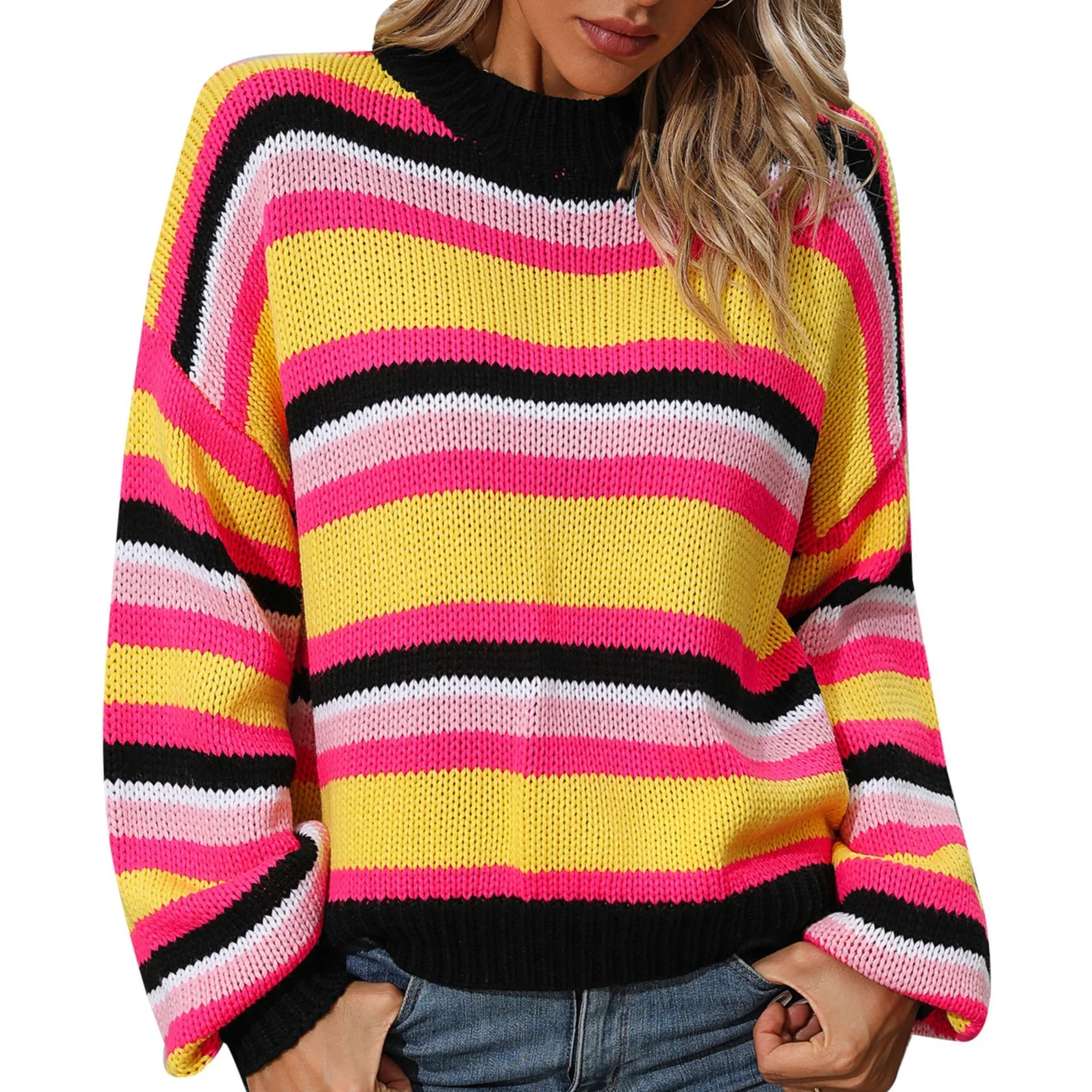 Ladies-Round-Neck-Long-Sleeve-Knit-Sweater-Loose-Pullover-Mid-Color ...